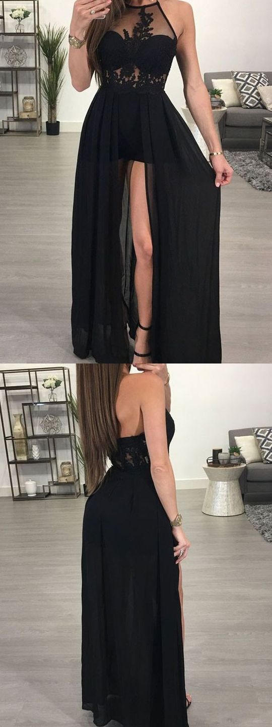 A-line Halter See-through Prom Dress Black Chiffon Long Evening Dress ...