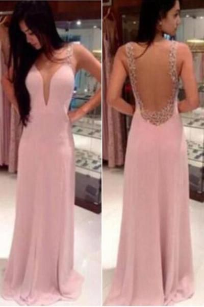 Long Pink V-neck Backless Prom Dresses,pretty Prom Dresses,party Prom ...