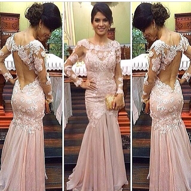 Flower Applique Prom Dress,Pink Lace Prom Dresses,Evening Dress on Luulla